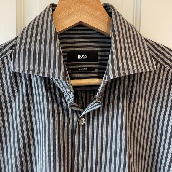 Hugo Boss | Shirts | Hugo Boss Vertical Stripe Dark Grey Dress Shirt ...